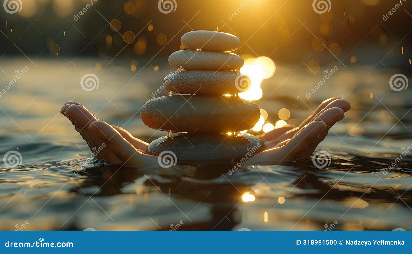 Hands Balancing Smooth Pebbles in a Stack on Water during Sunset ...