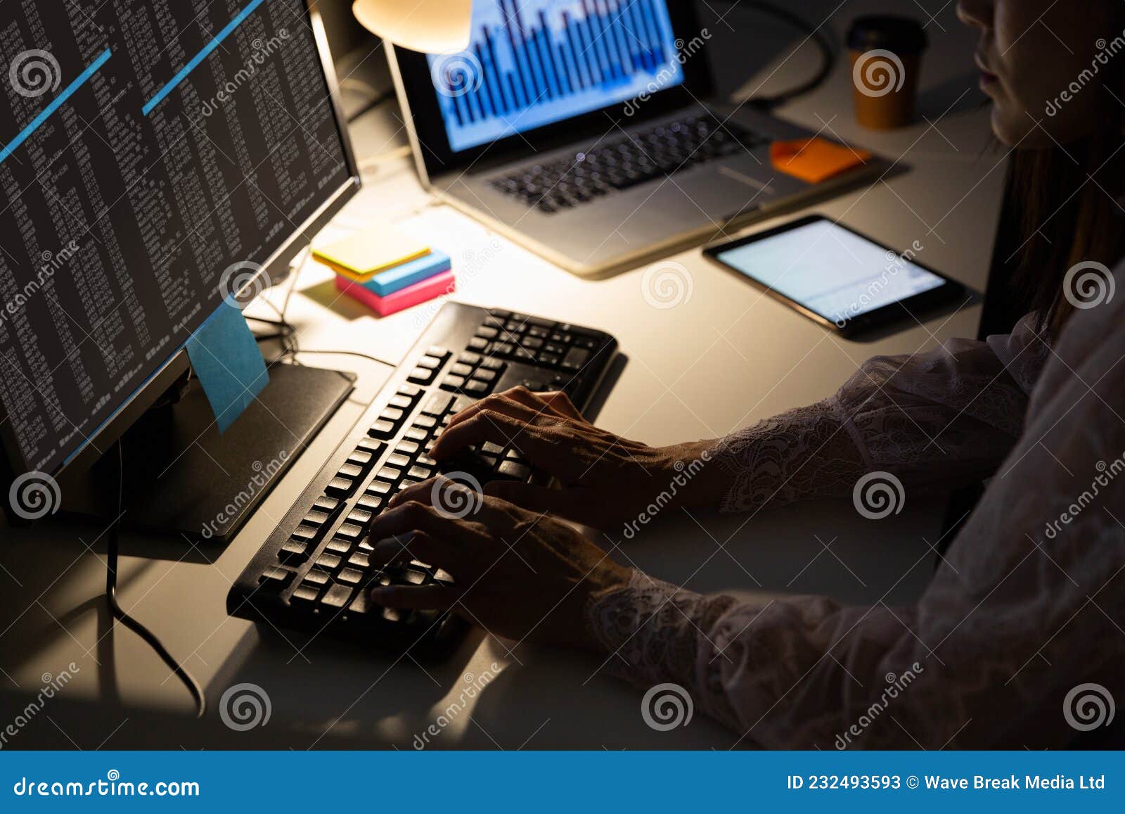 Hands of Biracial Female Programmer Sitting at Desk, Using Computer with Coding on Screen Stock ...