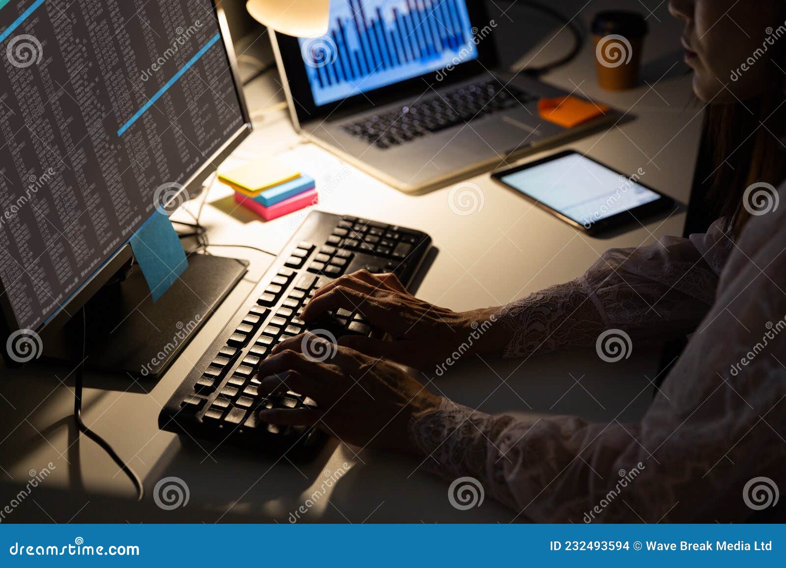 Hands of Biracial Female Programmer Sitting at Desk, Using Computer with Coding on Screen Stock ...