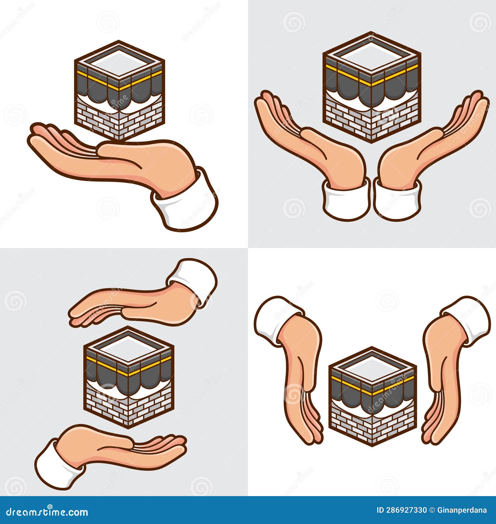 Hands with Kaaba Islamic Symbol Set Stock Vector - Illustration of hajj ...