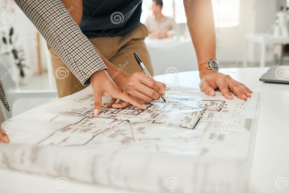 Hands, Blueprint and Architect with Document, Writing and Sketch in ...