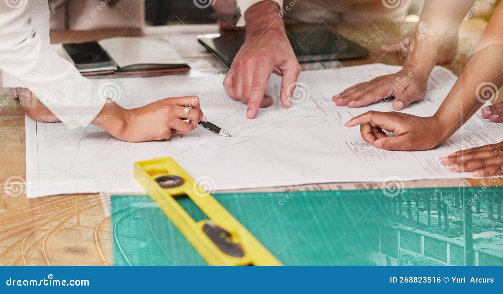 Hands, Blueprint and Architecture with a Design Team Planning on a ...