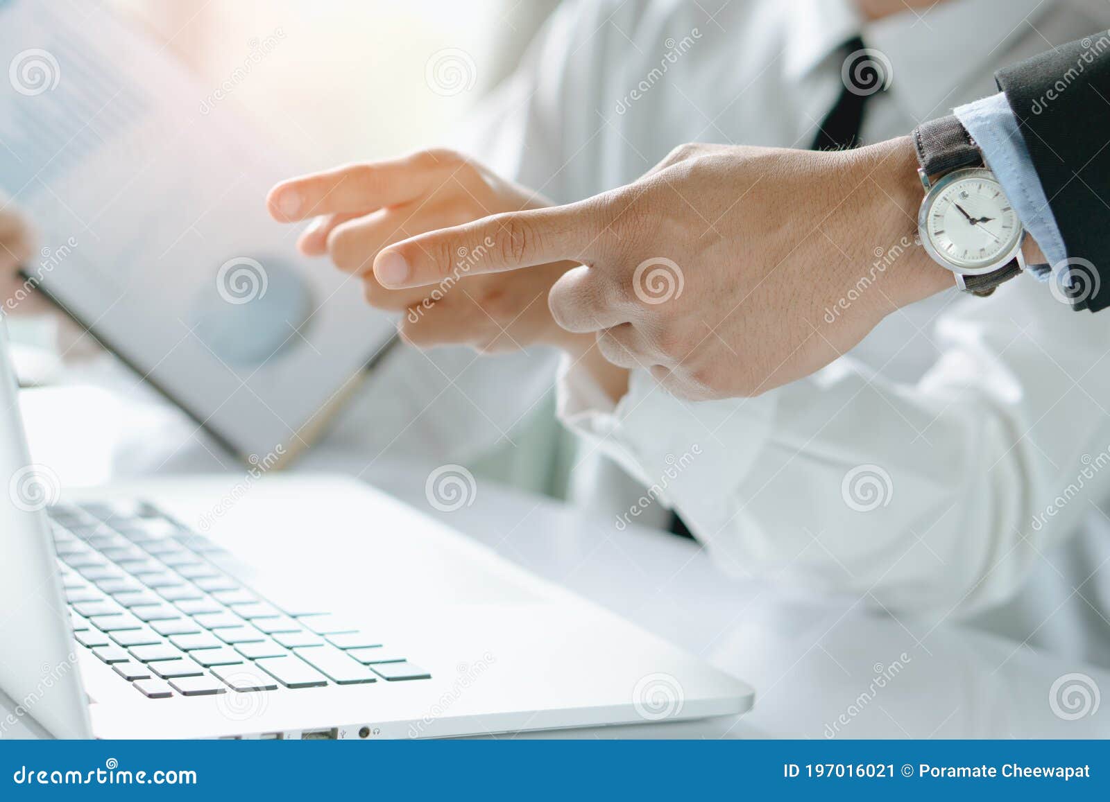 Hands of Boss / Manager and Staff / Employee Pointing at Computer ...