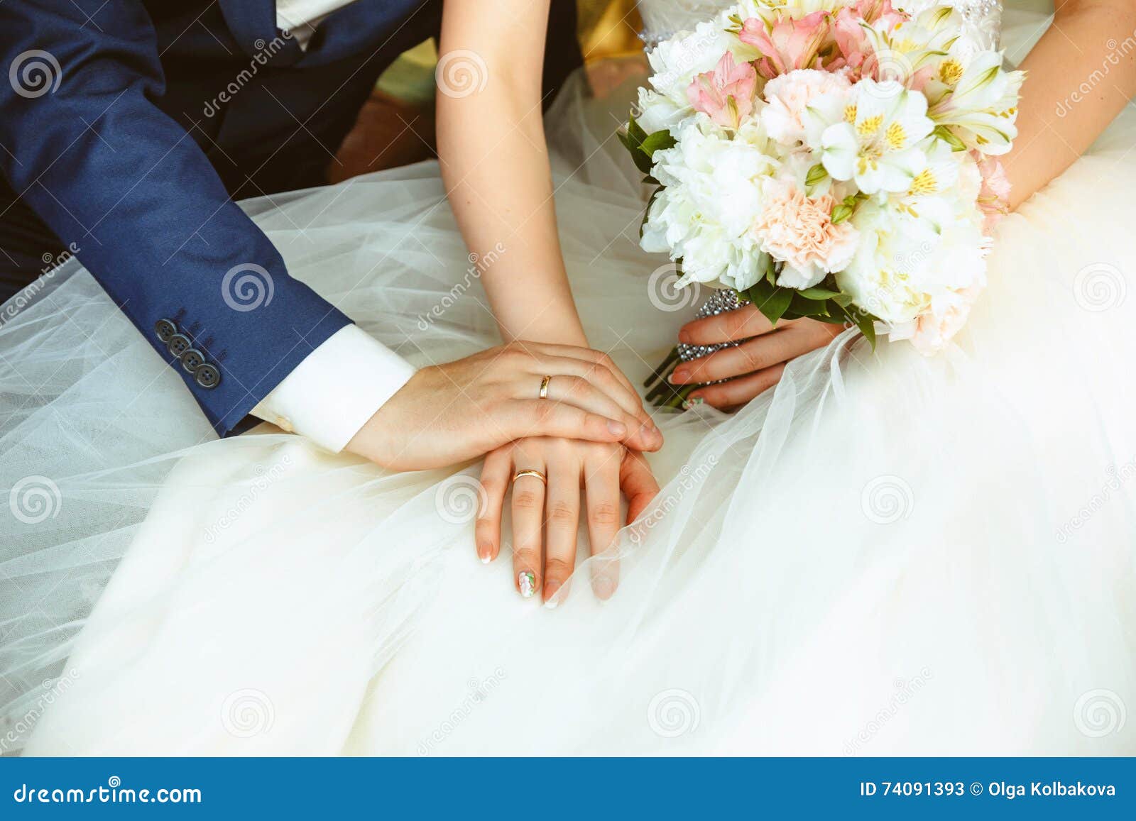 Hands of the Bride and Groom with Rings Wedding Bouquet. Stock Image ...