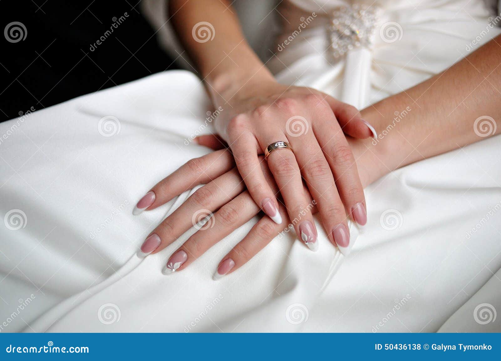 Hands of a Bride with a Wedding Ring Stock Photo - Image of glamour ...