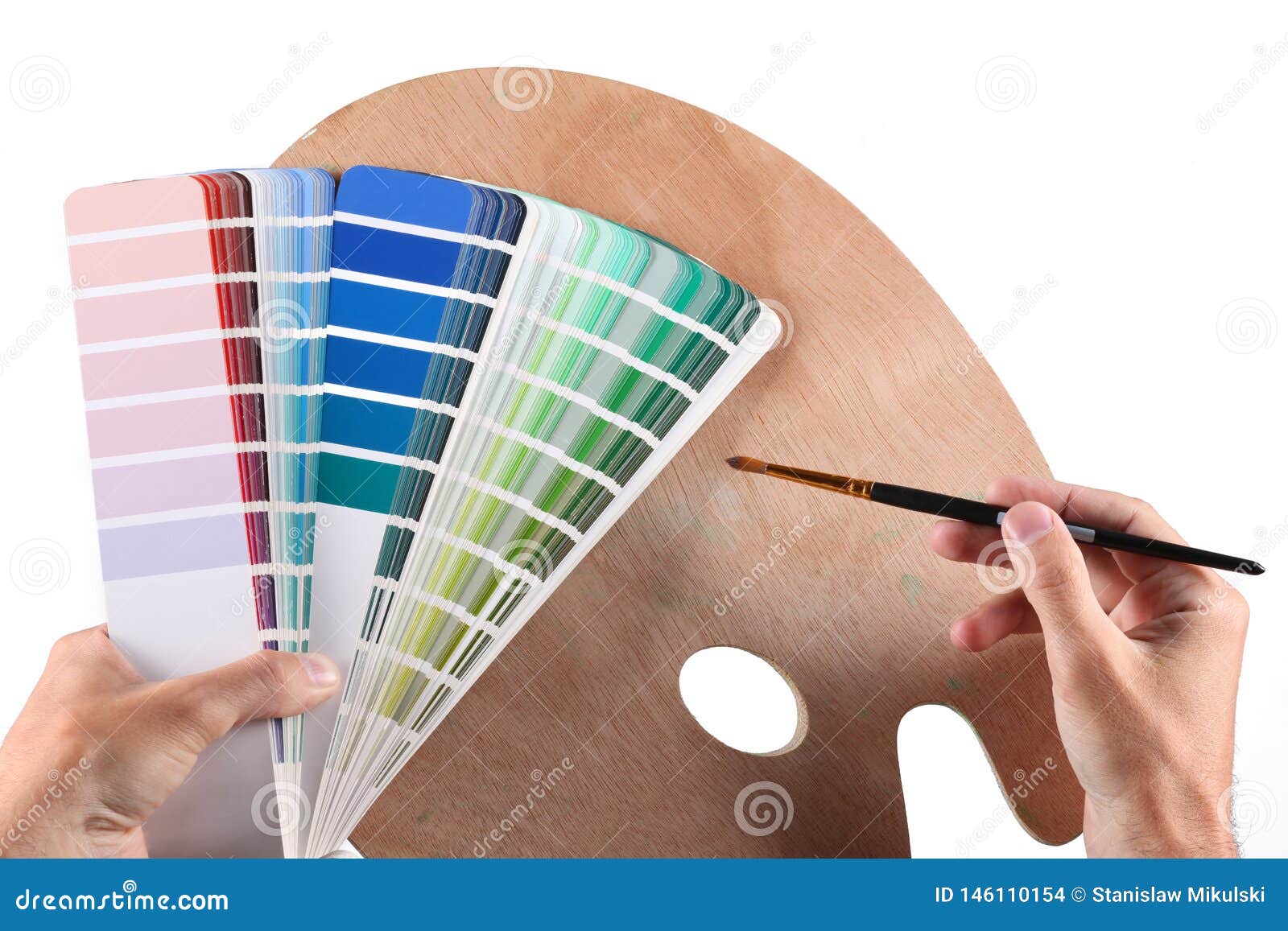 Hands with Brush, Color Samples and Empty Palette Stock Photo - Image ...
