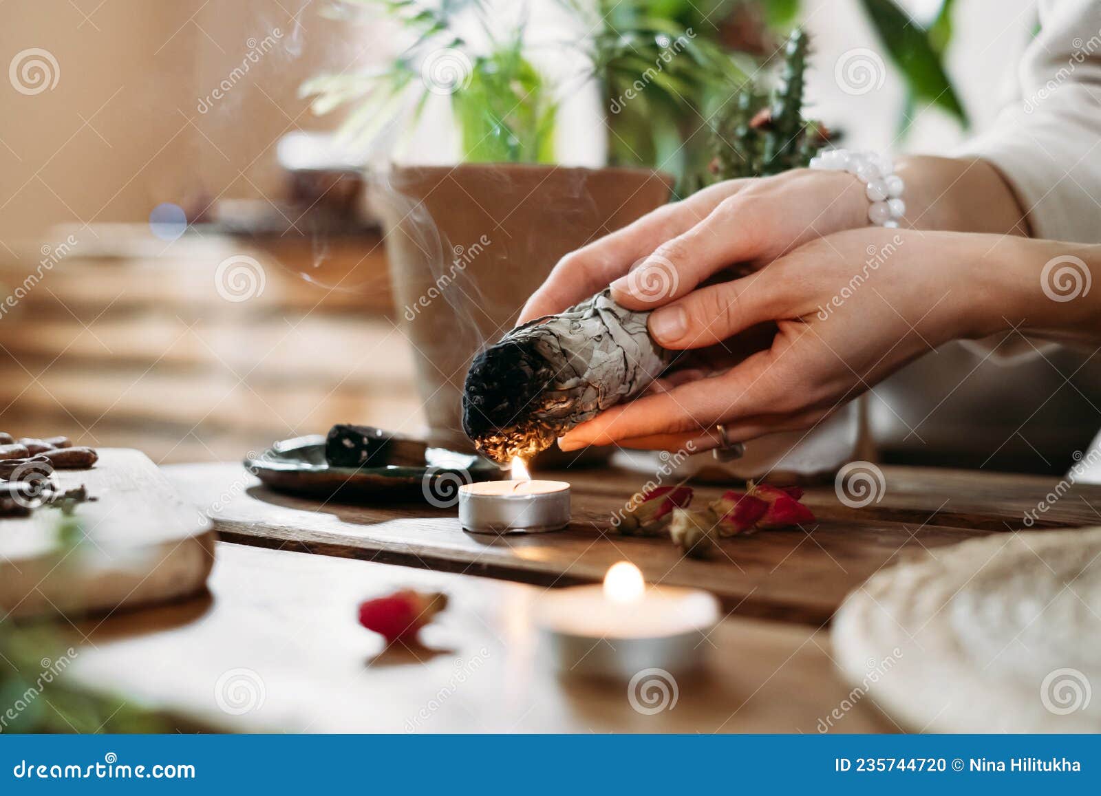 Hands Burning White Sage for Ancient Spiritual Ritual Stock Photo ...