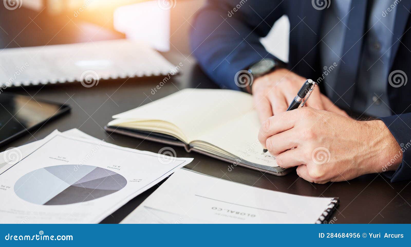 Hands, Business Man and Notes with Graphs, Analytics and Statistics of ...