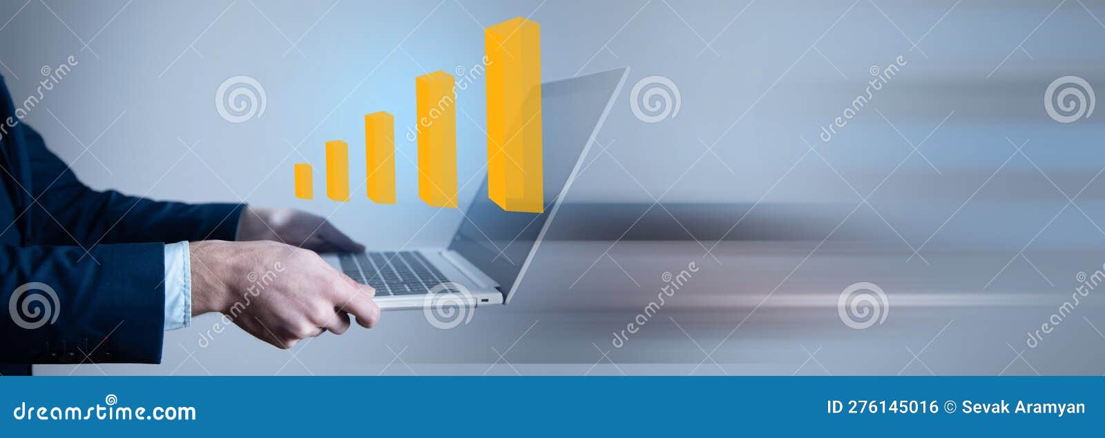 Hands of Businessman Holding Computer and Business Graphs Stock Photo ...