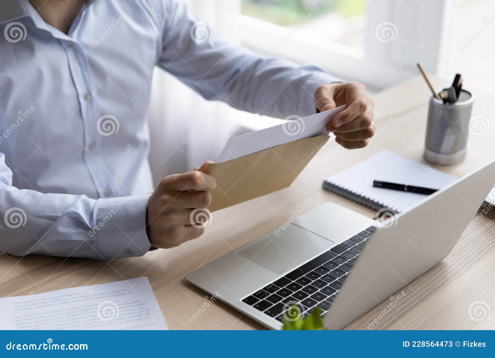 Hands of Businessman Opening Envelope with White Paper Stock Image ...