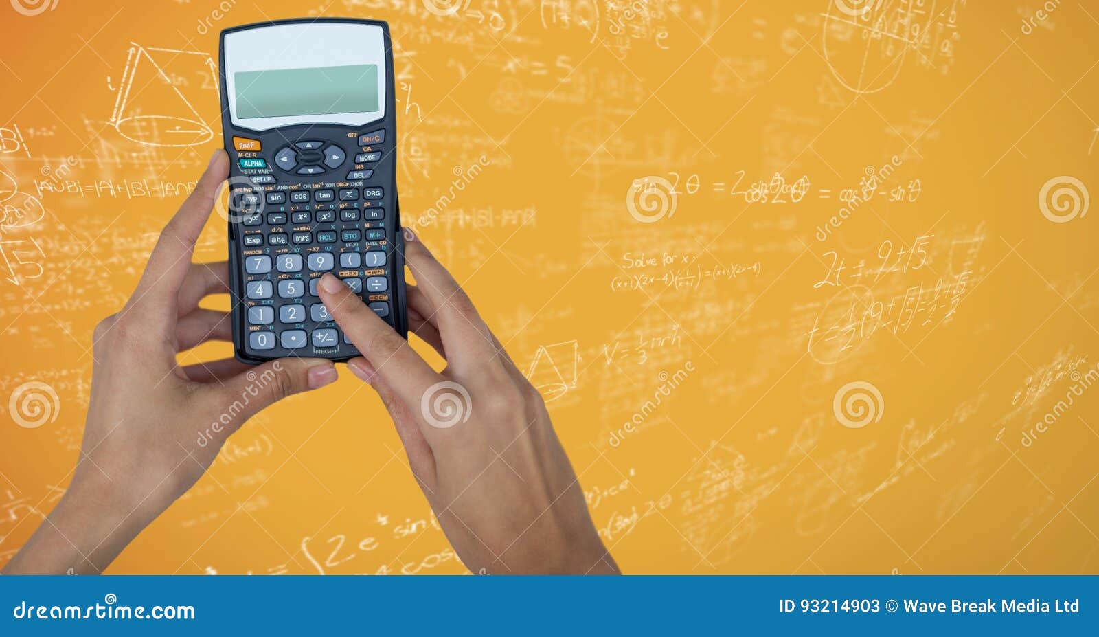 Hands with Calculator Against Yellow Math Doodles Stock Image - Image ...