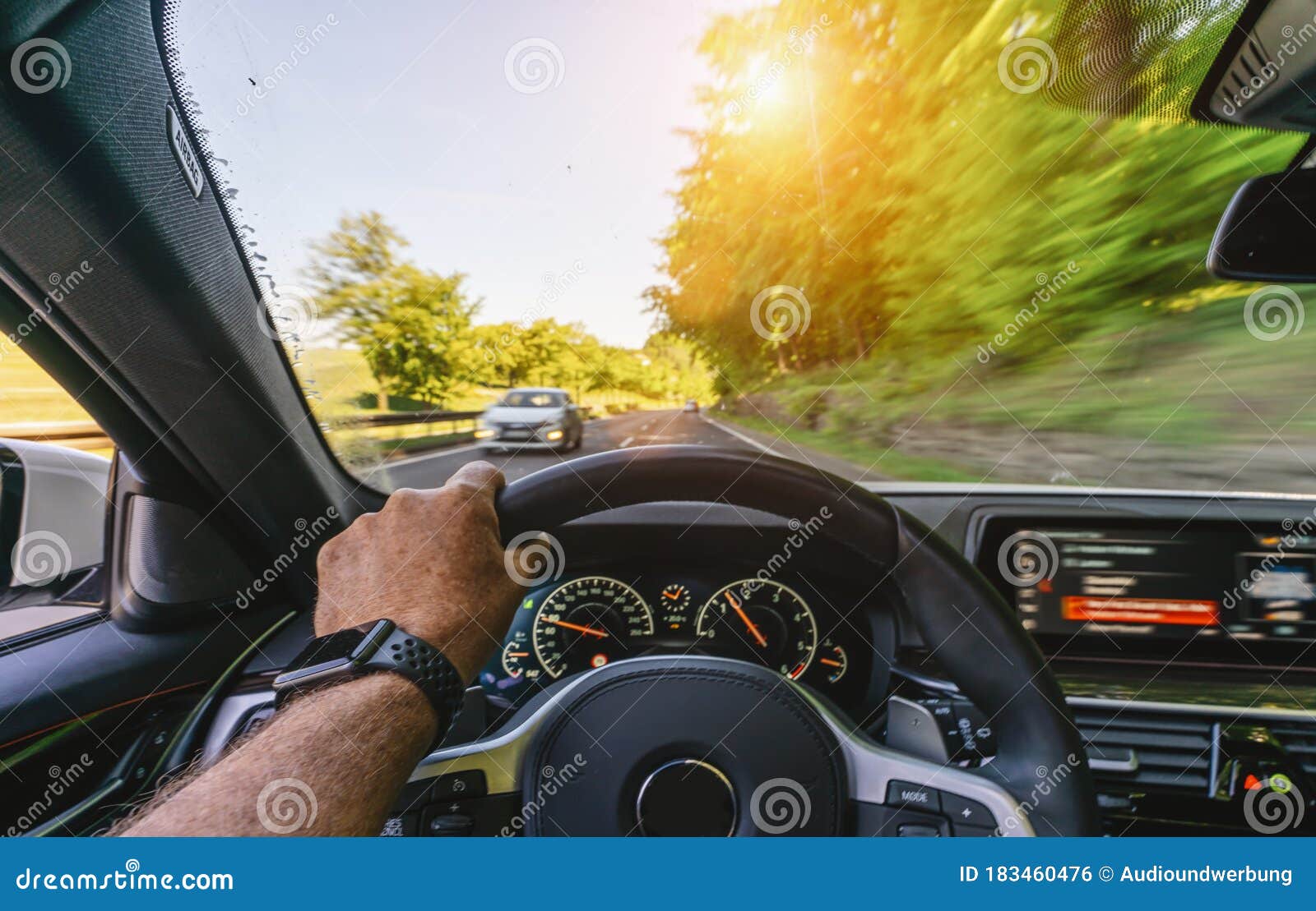 Hands of Car Driver on Steering Wheel, Road Trip, Driving on Highway ...