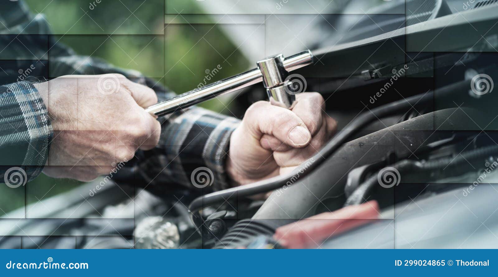 Hands of Car Mechanic Working on Car Engine, Geometric Pattern Stock ...