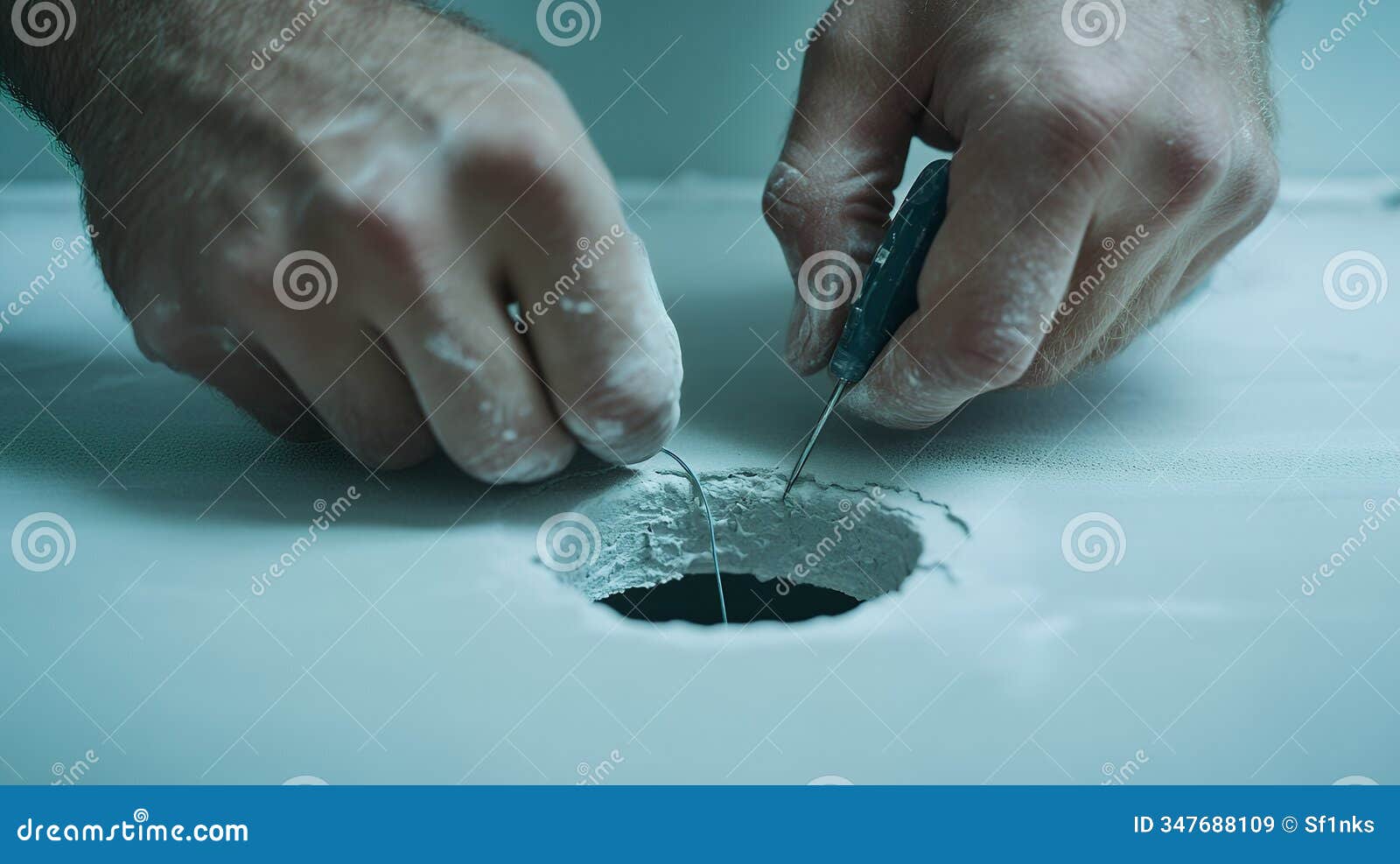 Hands Carefully Cutting Drywall To Install Wiring, Highlighting ...