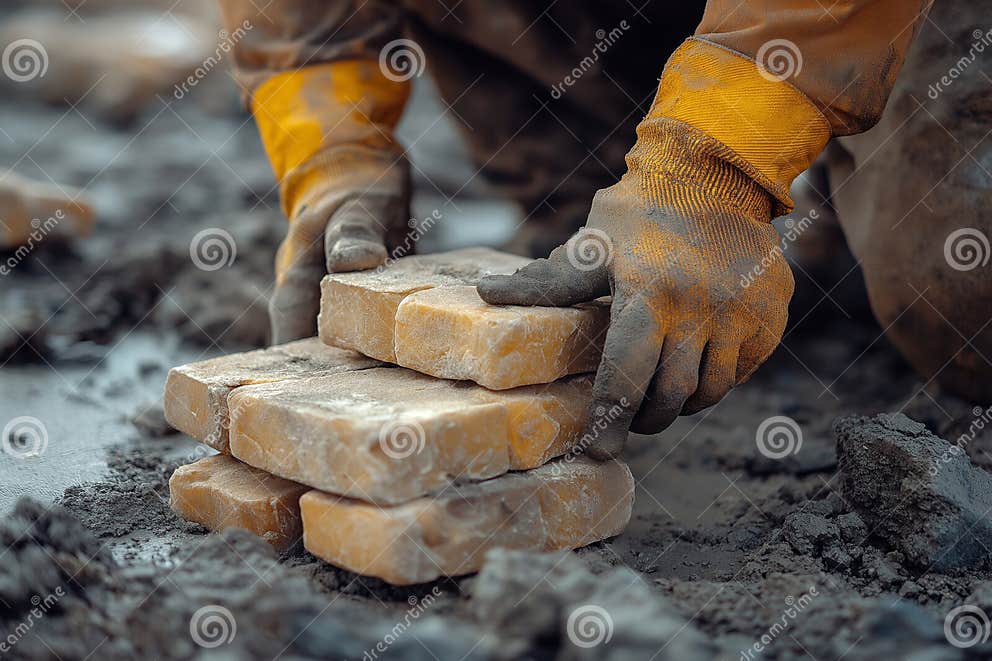 Hands Carefully Stacking Stones during a Construction Project at a Site ...