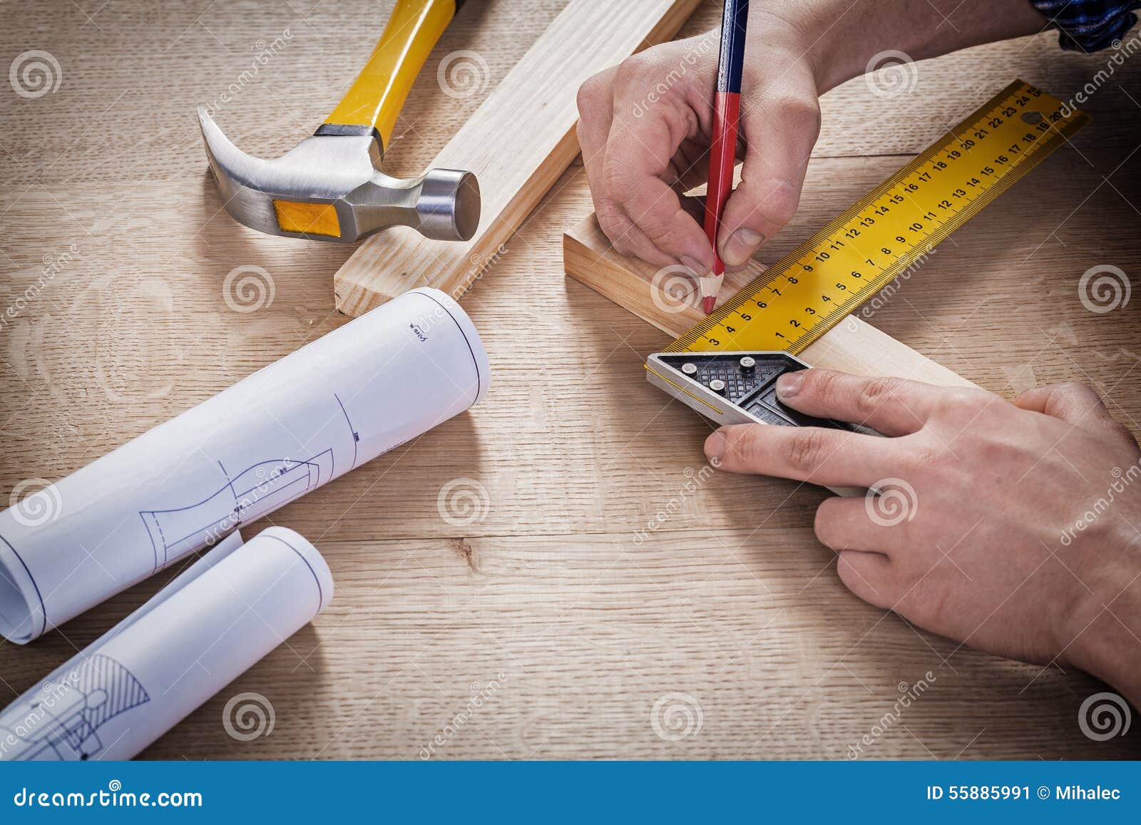 Hands of Carpenter Drawing with Pencil on Wooden Stock Image - Image of ...