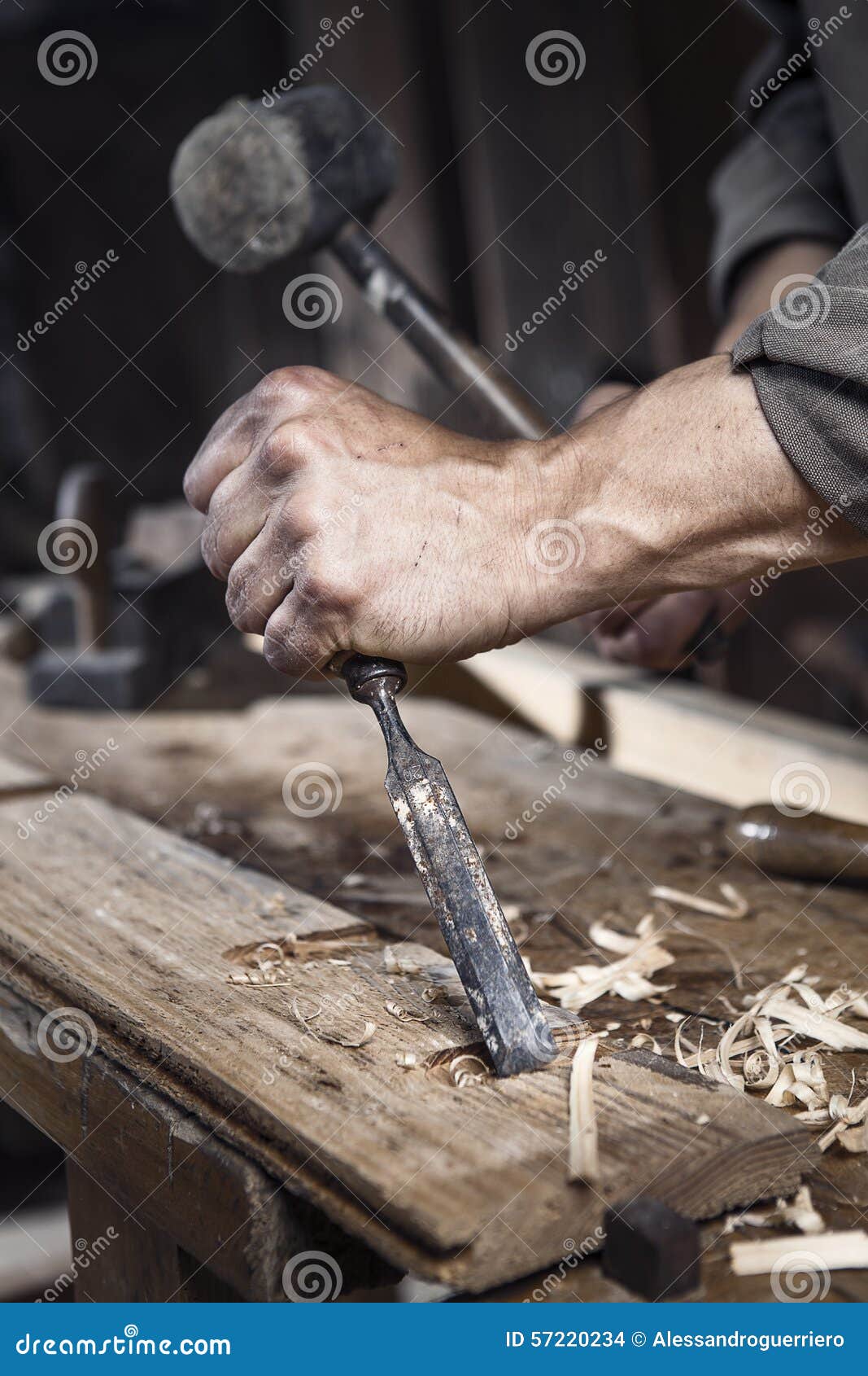 Hands of Carpenter with a Hammer and Chisel Stock Photo - Image of ...