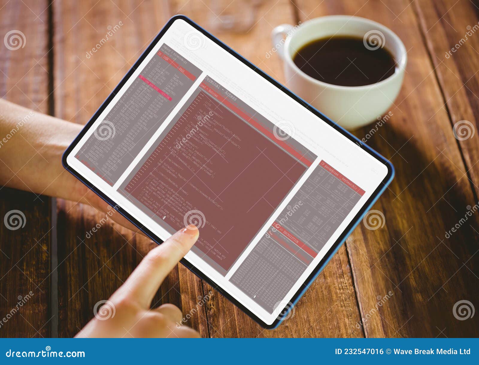 Hands of Caucasian Female Programmer with Coffee Using Tablet with ...