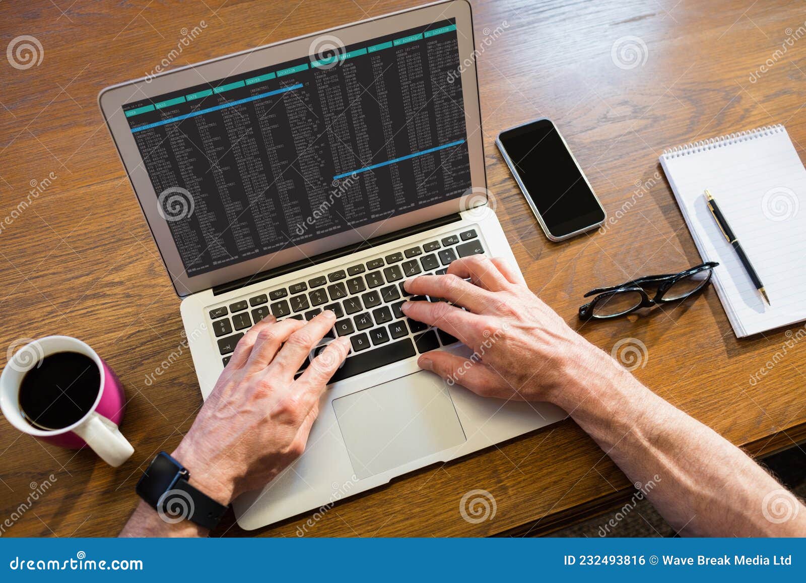 Hands of Caucasian Male Programmer Siting at Desk, Using Laptop with ...