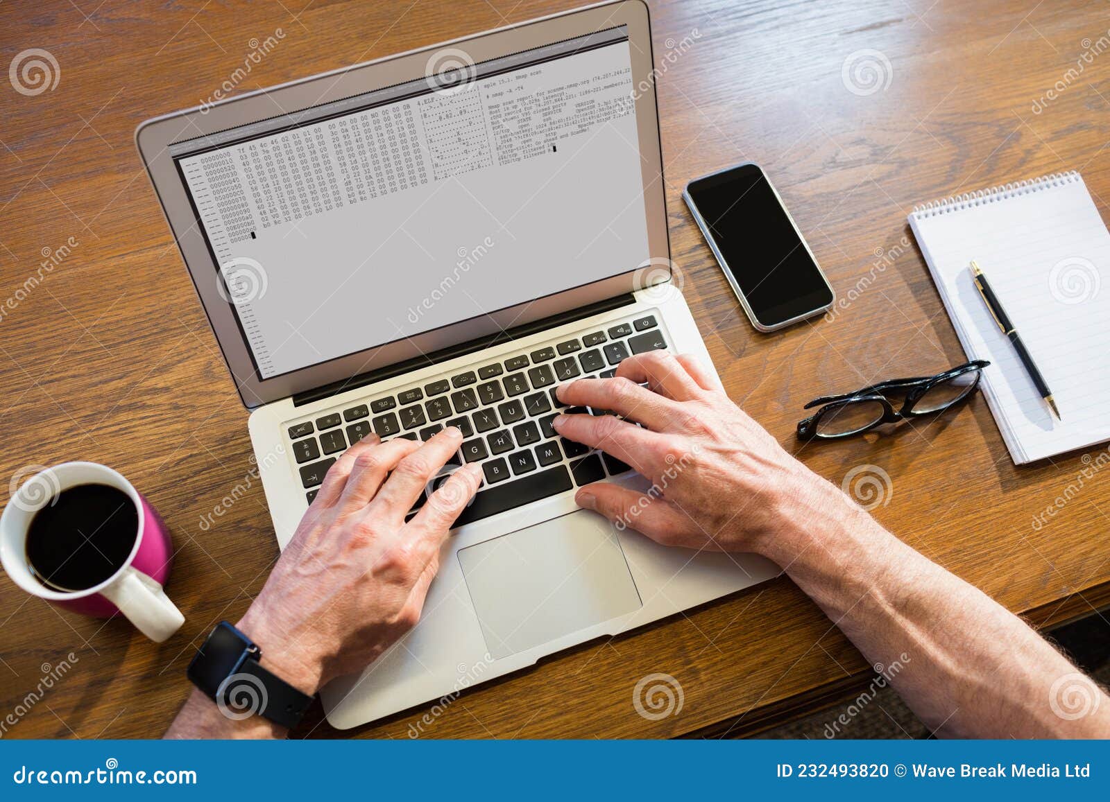 Hands Of Caucasian Male Programmer Siting At Desk Using Laptop With