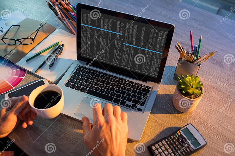 Hands of Caucasian Male Programmer Sitting at Desk and Using Laptop with Coding on Screen Stock ...