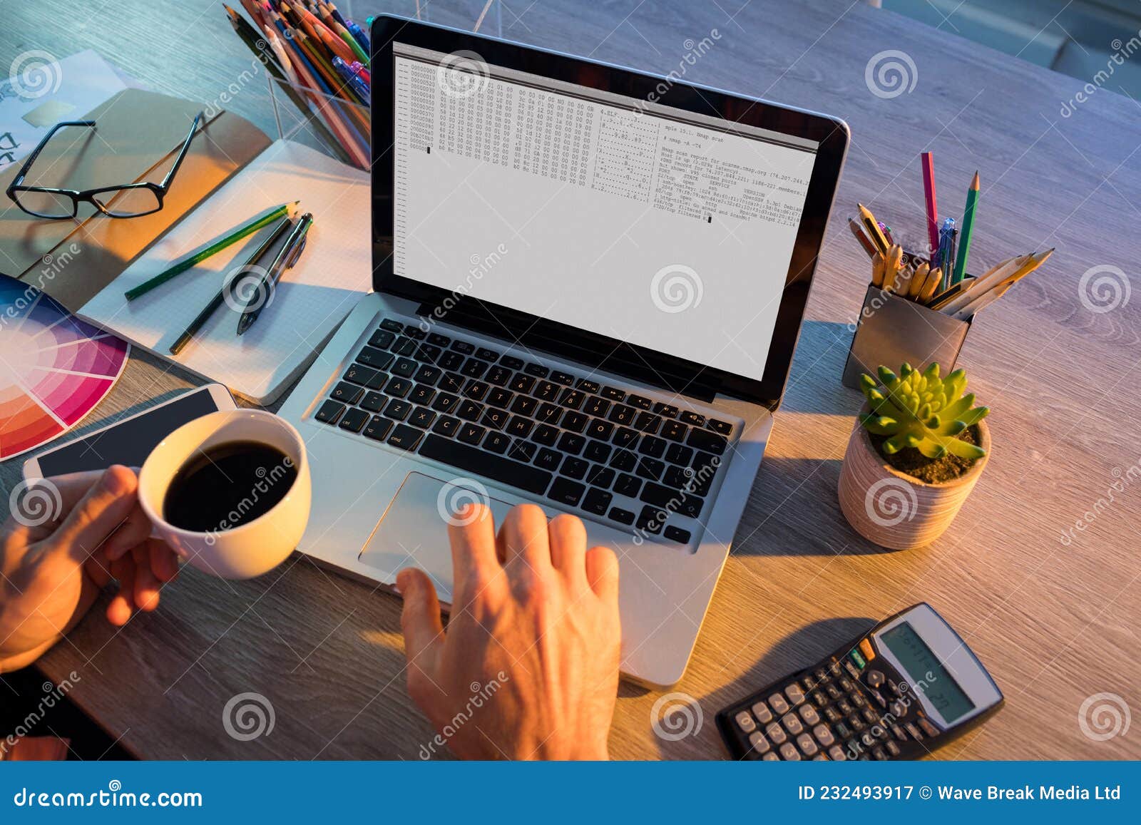 Hands of Caucasian Male Programmer Sitting at Desk and Using Laptop with Coding on Screen Stock ...