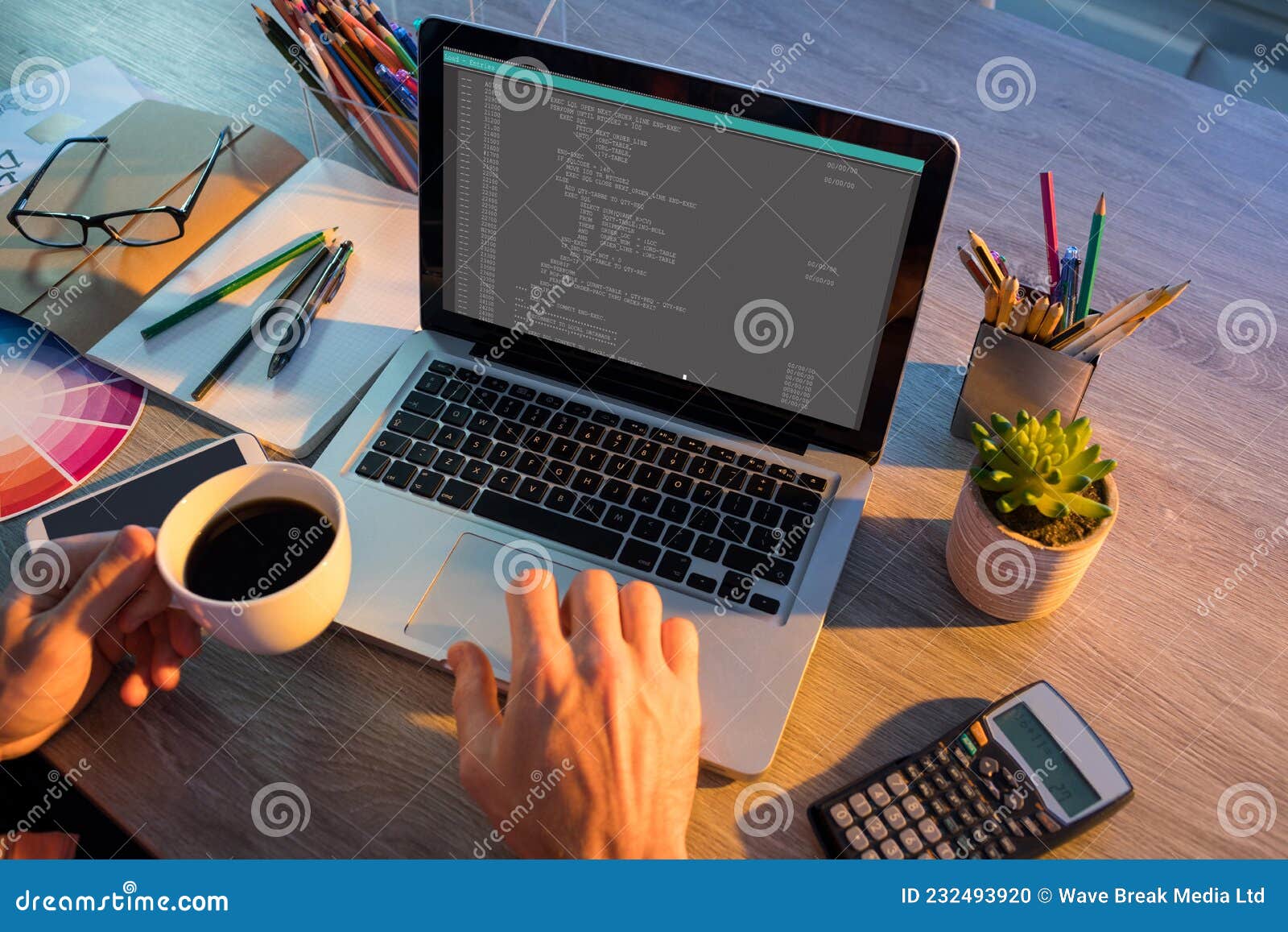 Hands of Caucasian Male Programmer Sitting at Desk and Using Laptop with Coding on Screen Stock ...