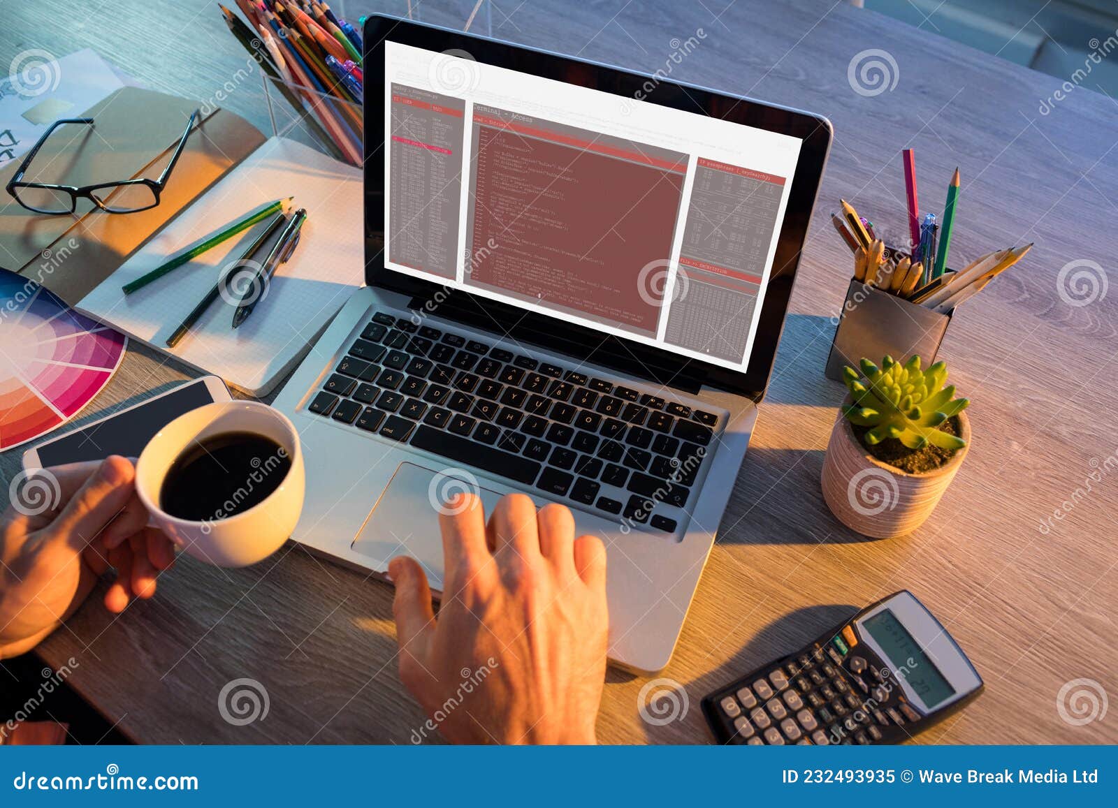 Hands of Caucasian Male Programmer Sitting at Desk and Using Laptop with Coding on Screen Stock ...