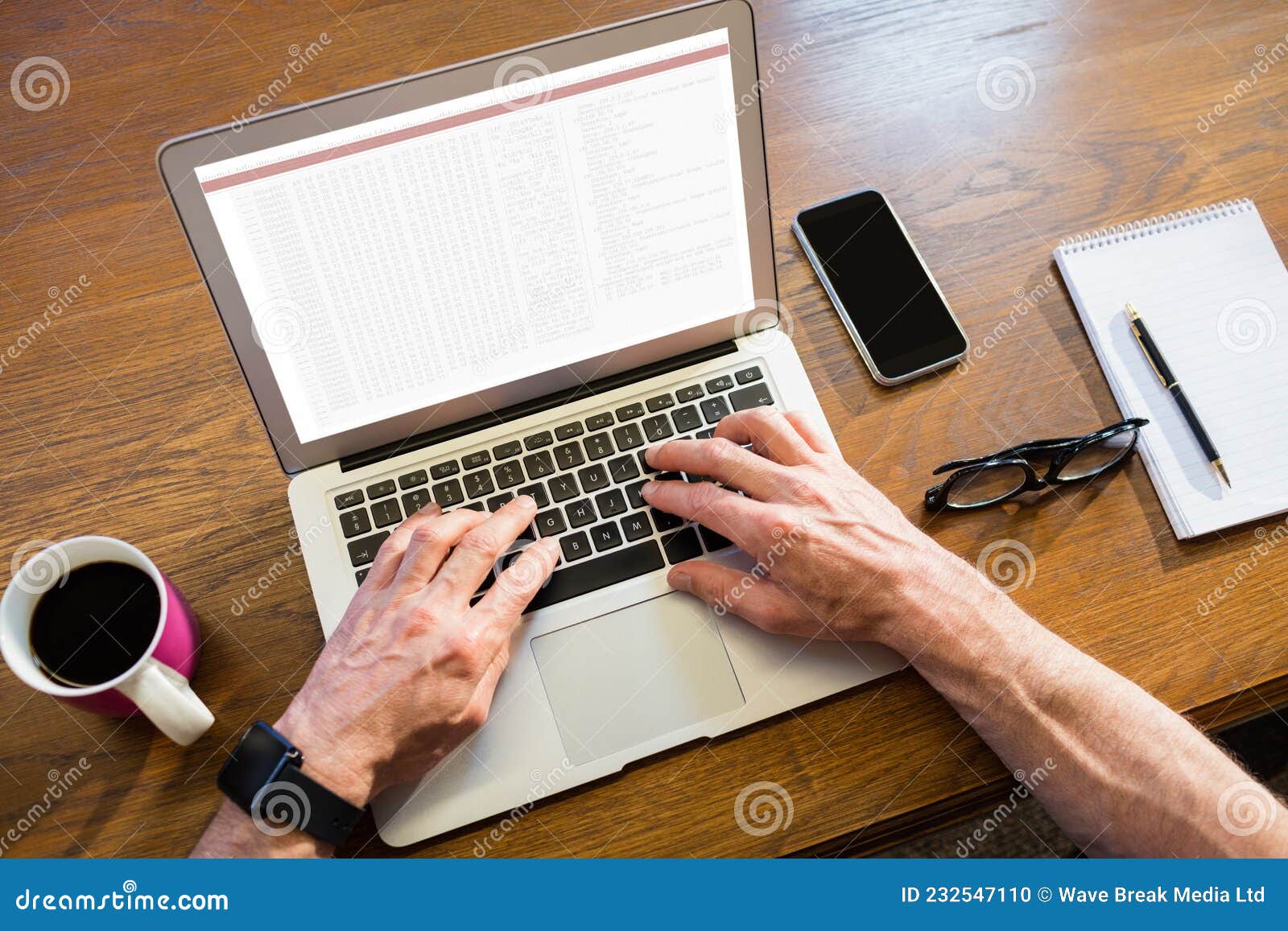 Hands of Caucasian Male Programmer Sitting at Desk, Using Laptop with Coding on Screen Stock ...