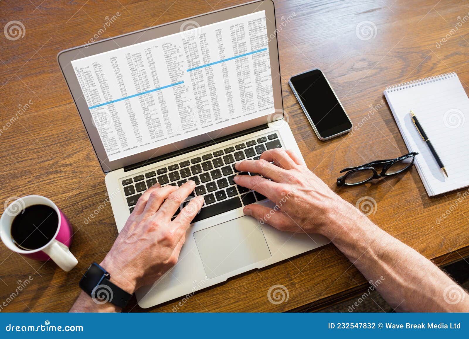 Hands of Caucasian Male Programmer Sitting at Desk, Using Laptop with Coding on Screen Stock ...