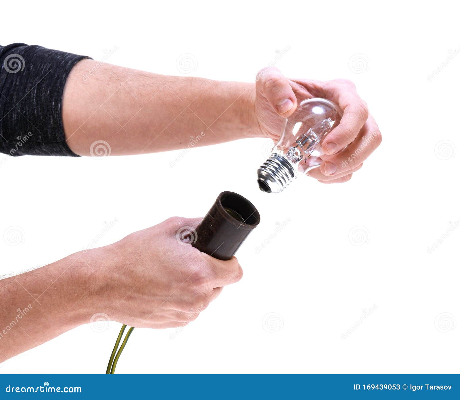Hands Changing Light Bulb Isolated on White Stock Image - Image of hold ...