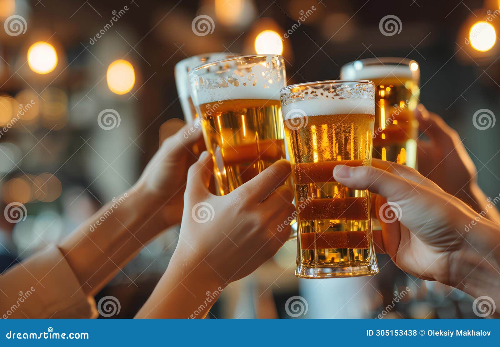 Hands Cheer with Glasses of Beer and Cheer Over Blurred White Pub ...