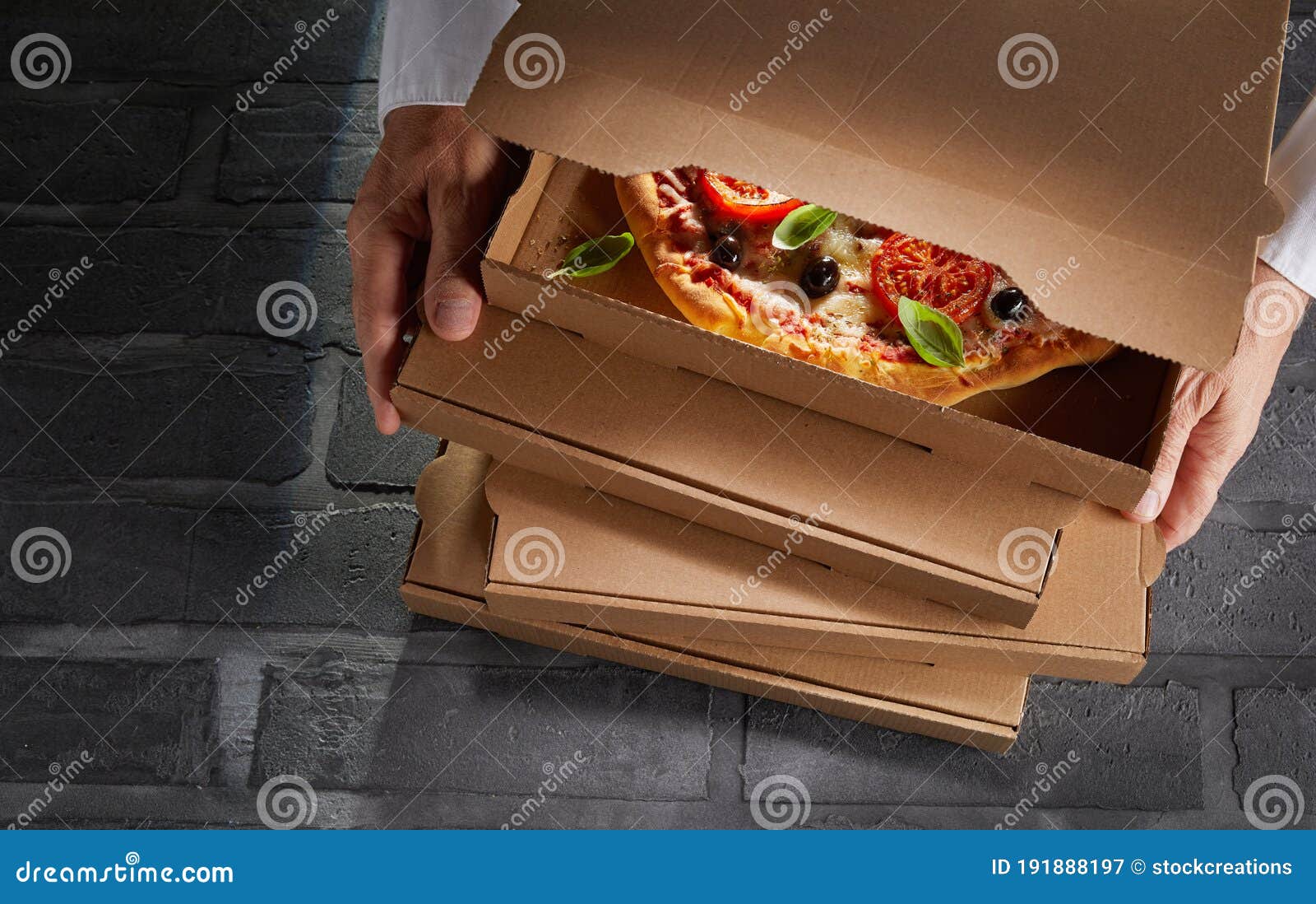 Hands of a Chef Packing an Order of Pizzas Stock Image - Image of hands ...