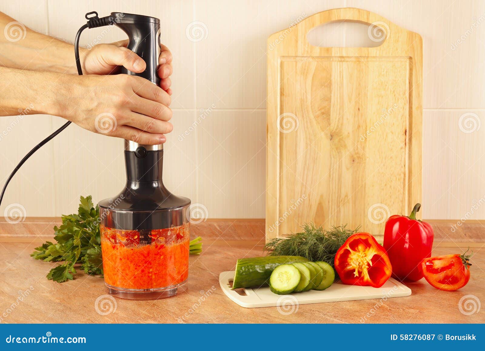 Hands Chefs Blended Red Pepper and Tomato in Blender Stock Image ...