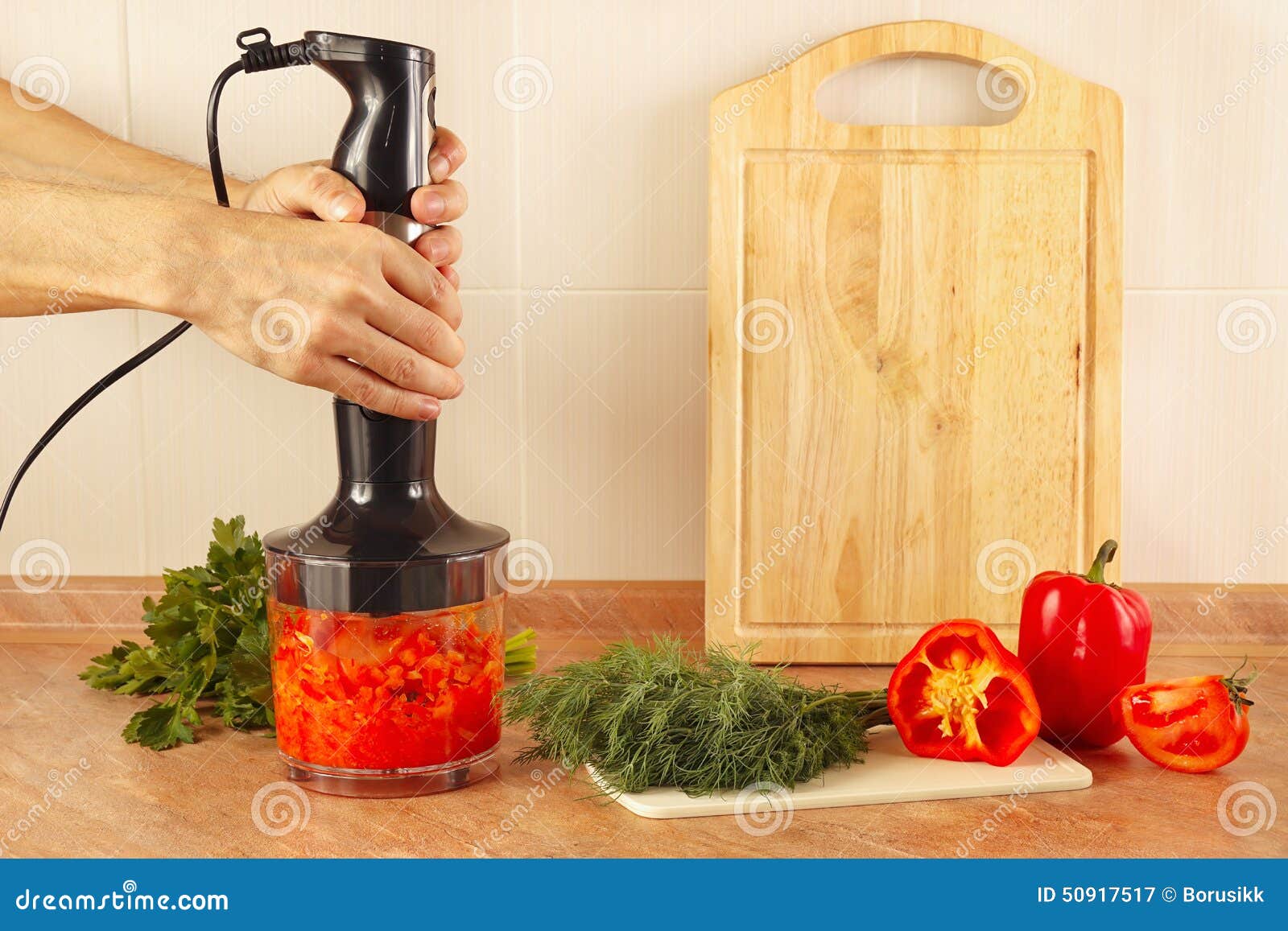 Hands Chefs Mixed Red Pepper and Tomato in Blender Stock Image - Image ...