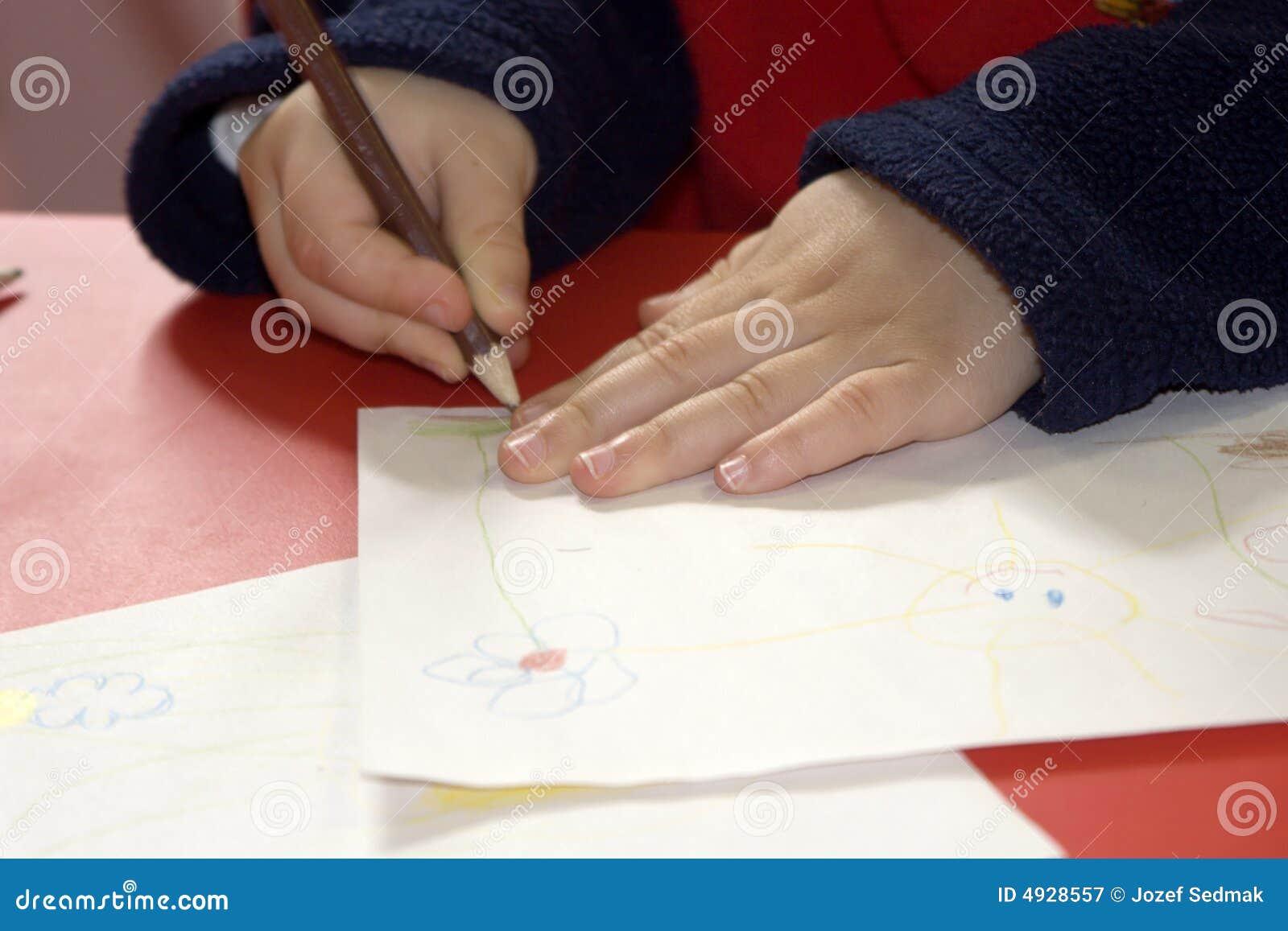Hands of child by drawing stock image. Image of plot, flower - 4928557
