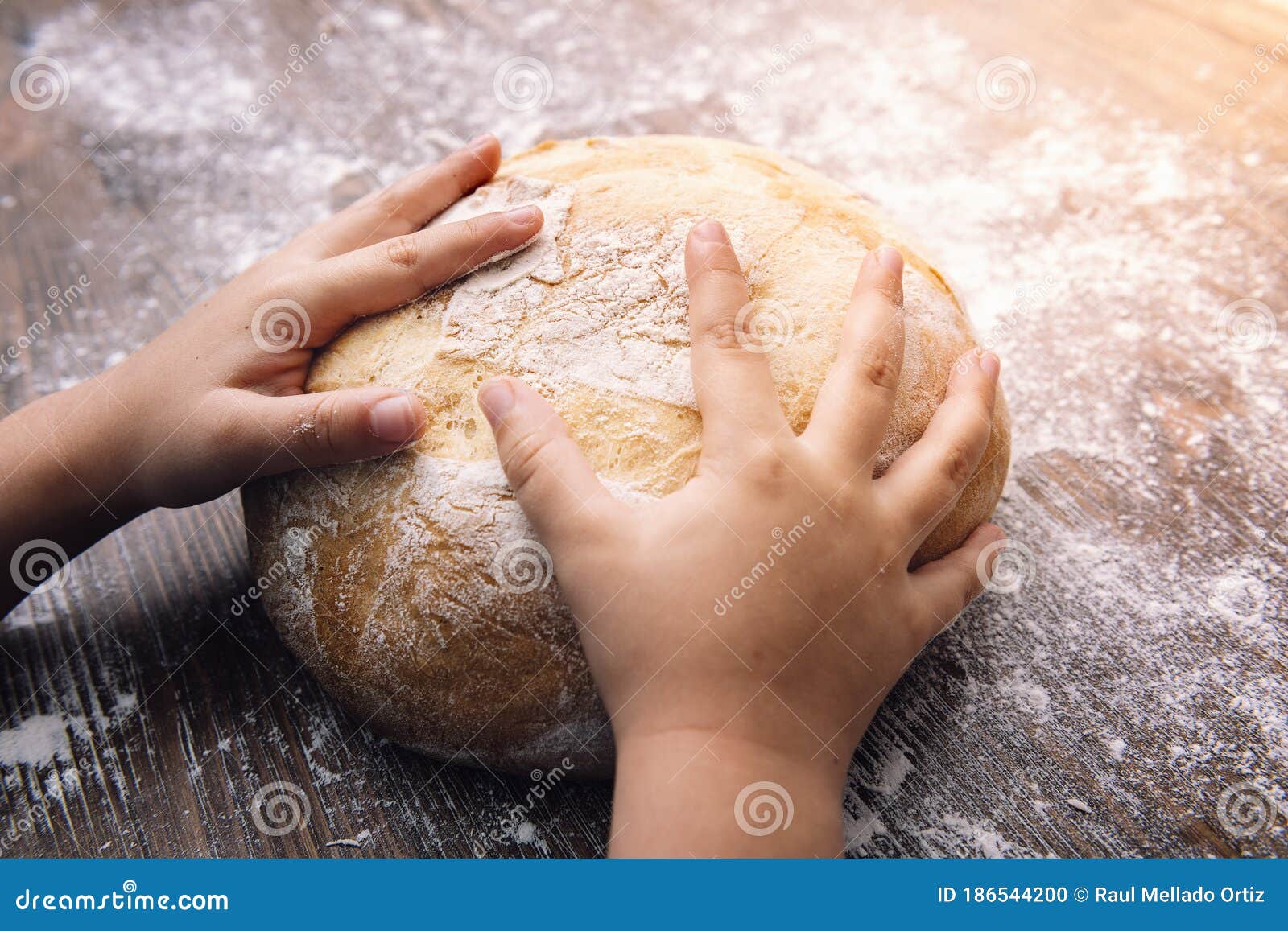Hands of a Child on a Loaf of Rustic Bread Stock Photo - Image of ...