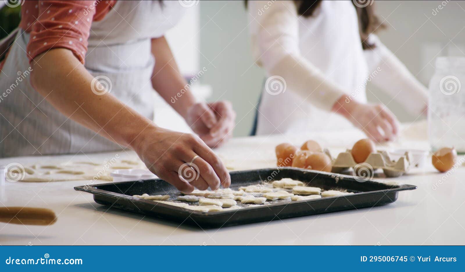 Hands of Child, Mother and Baking Cookies in Kitchen with Teaching ...