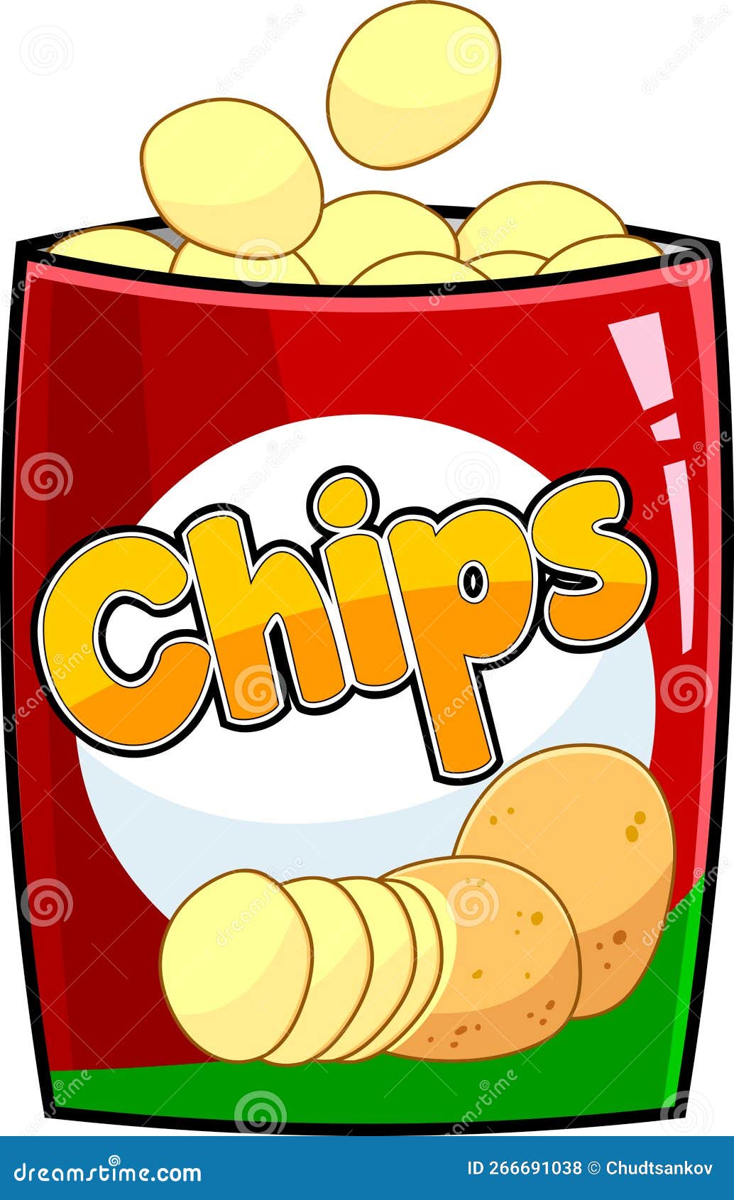 Cartoon Bag of Chips stock vector. Illustration of crispy - 266691038