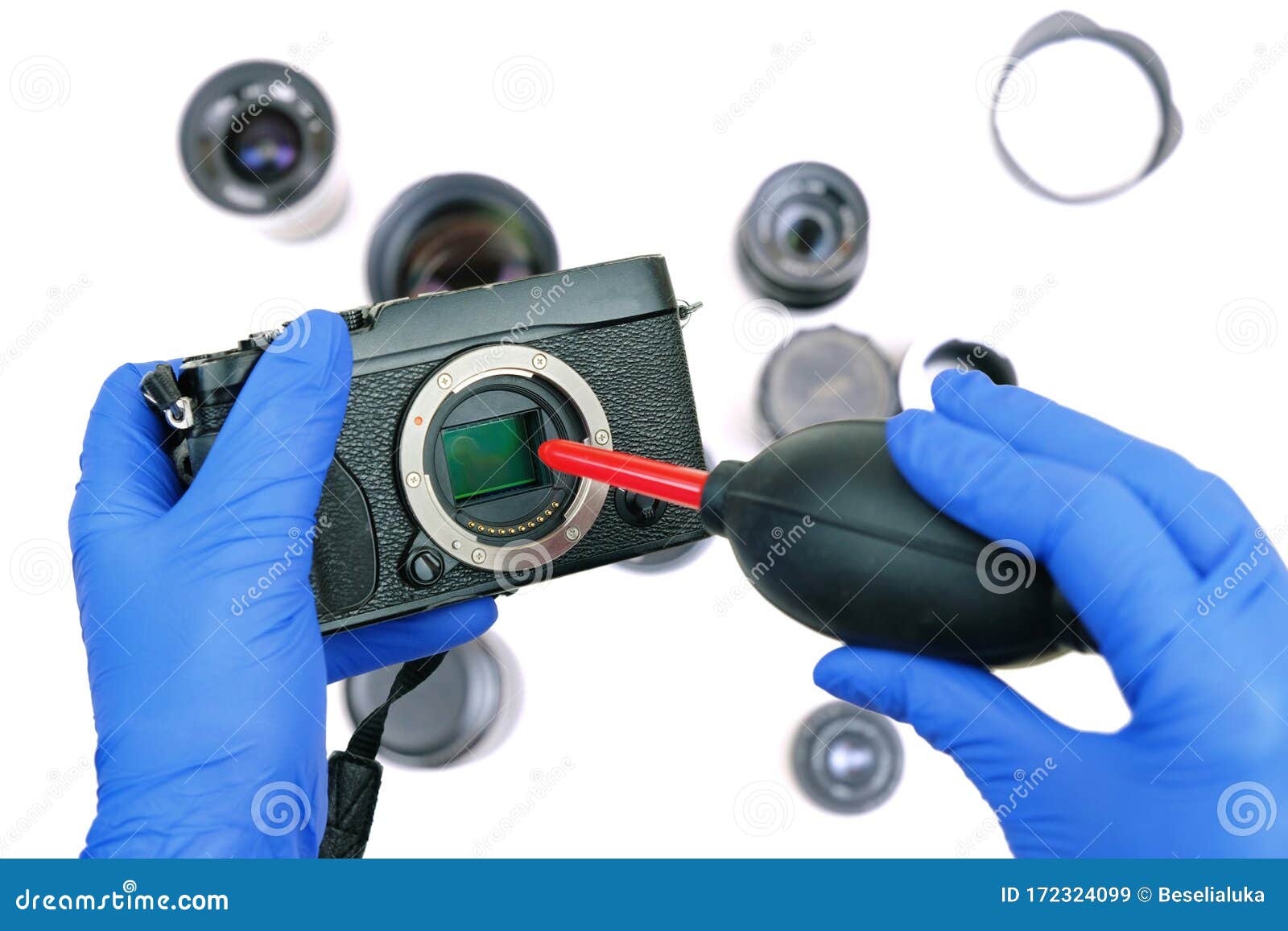 Hands Cleaning Digital Mirrorless Camera Sensor from Dust with Air ...