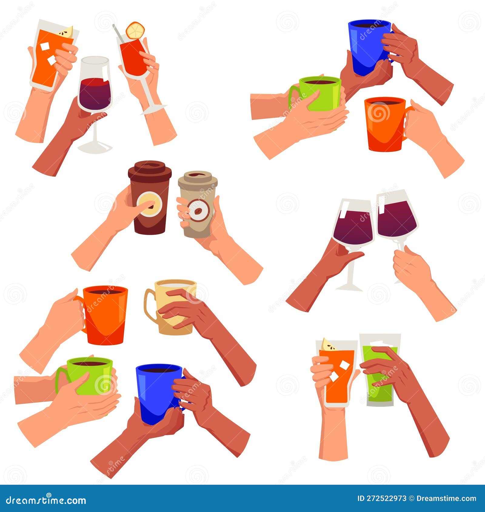 Hands Clicking with Hot, Alcoholic and Cold Drinks, Vector Illustration ...