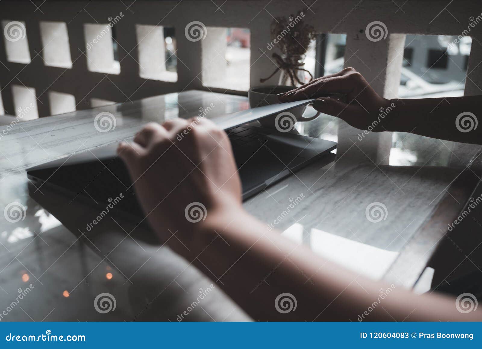 Hands Close and Open a Laptop Computer on Table after Finished Using it ...