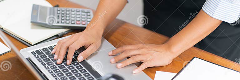 Hands Close Up Freelancer Busy Working on a Laptop Computer on Desktop ...