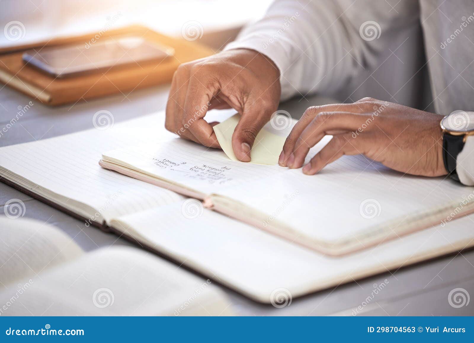 Hands, Closeup and Sticky Note with Book on Desk for Reading, Studying ...