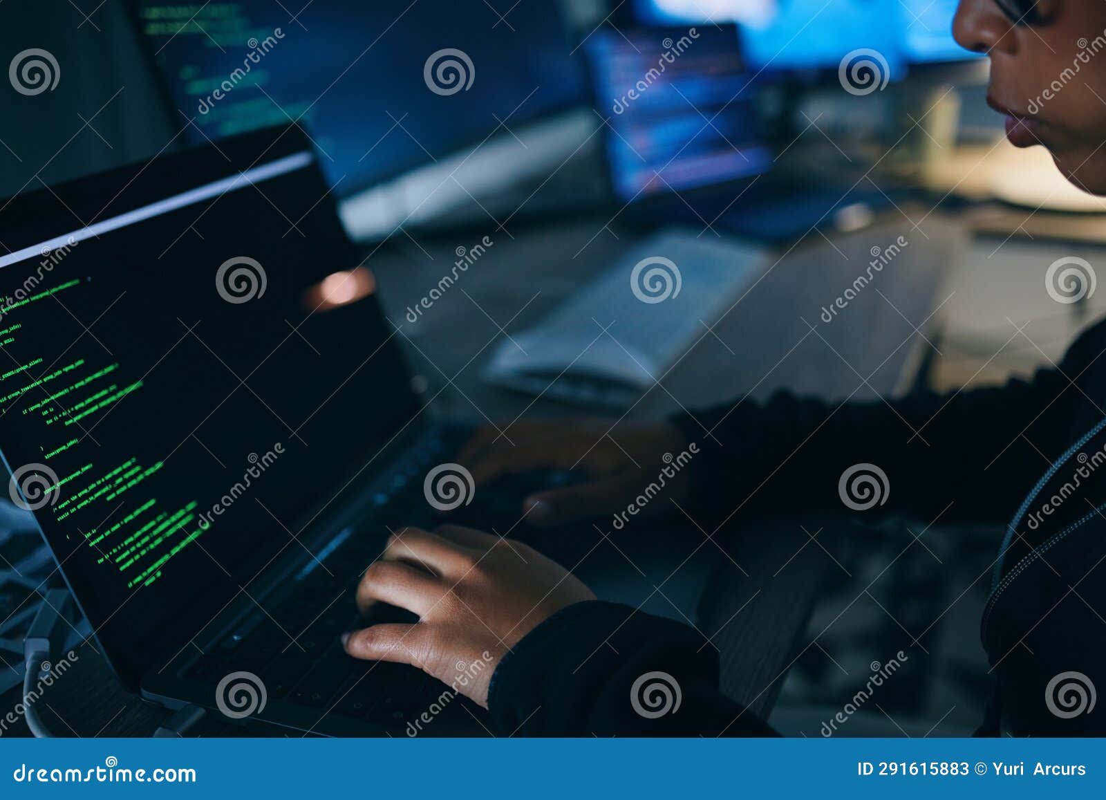 Hands, Code and Night with Laptop Typing with Cybersecurity, Hacker and Software Data Analysis ...