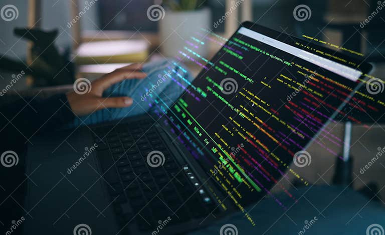 Hands Code Overlay And Laptop Screen With Cybersecurity Hacker And Software Data Analysis 