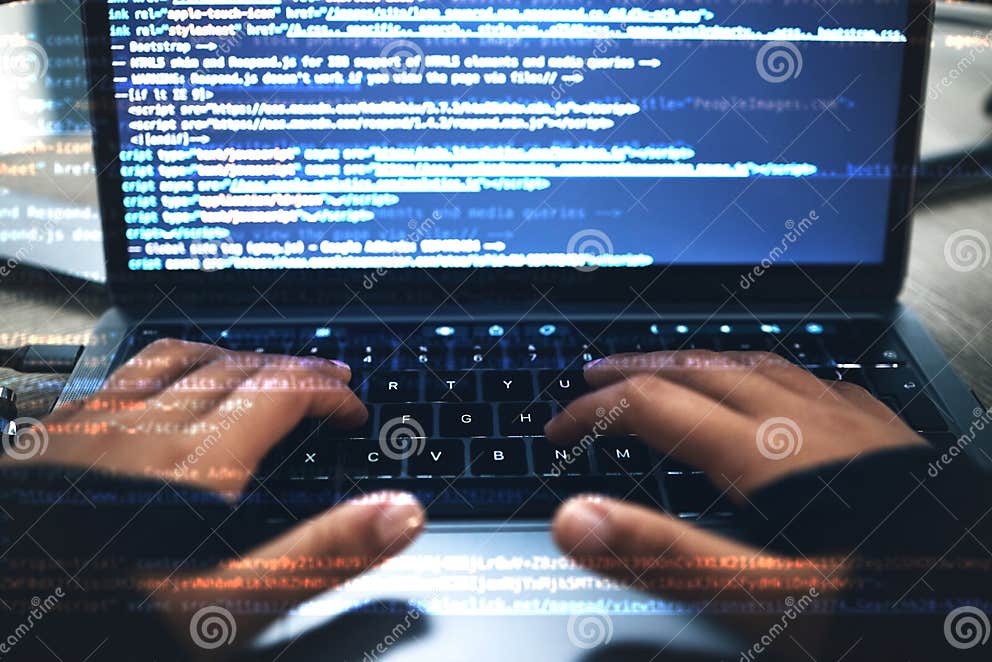 Hands, Code Overlay and Laptop Typing with Cybersecurity, Hacker and ...