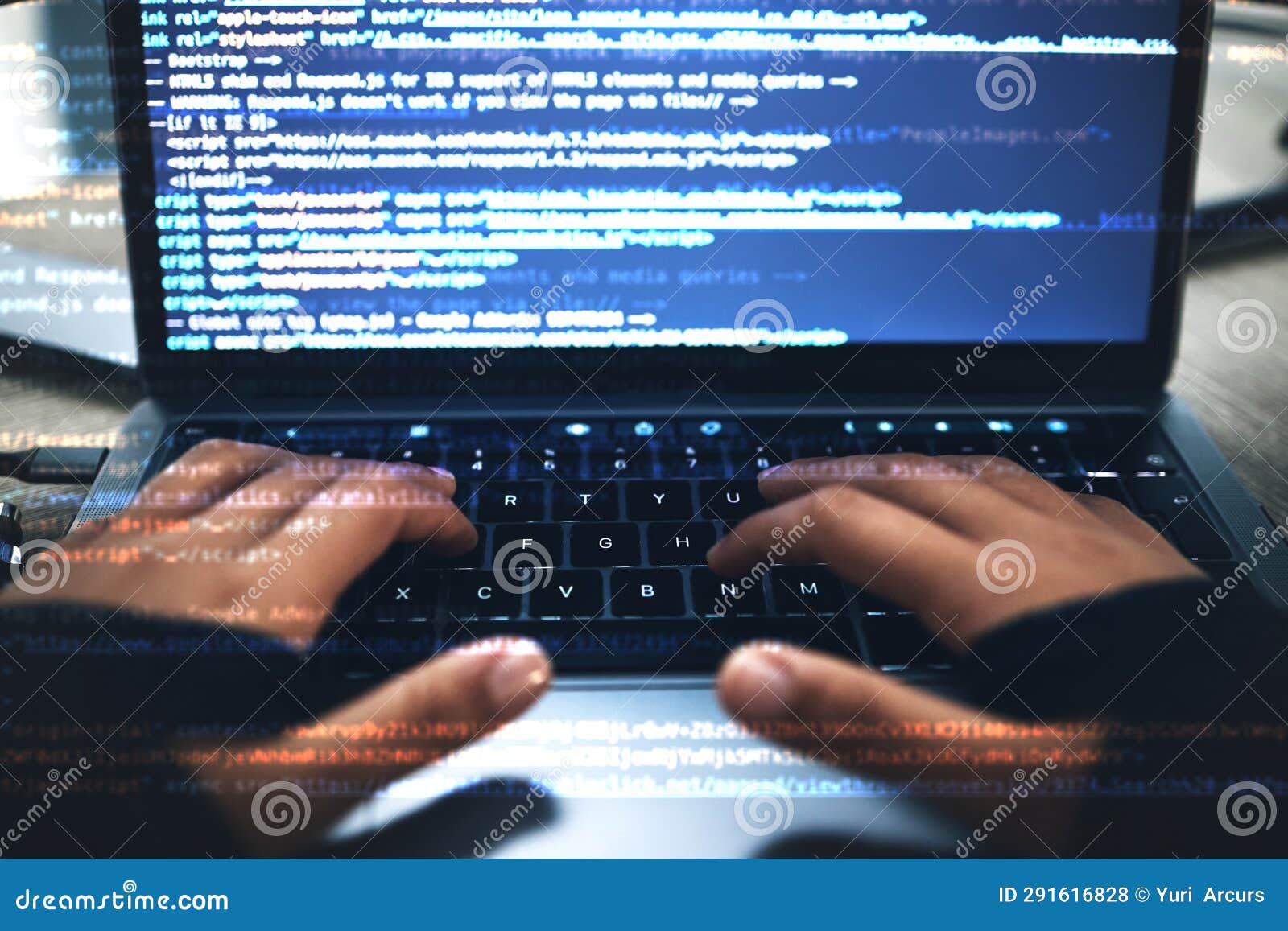 Hands, Code Overlay and Laptop Typing with Cybersecurity, Hacker and Software Data Analysis ...