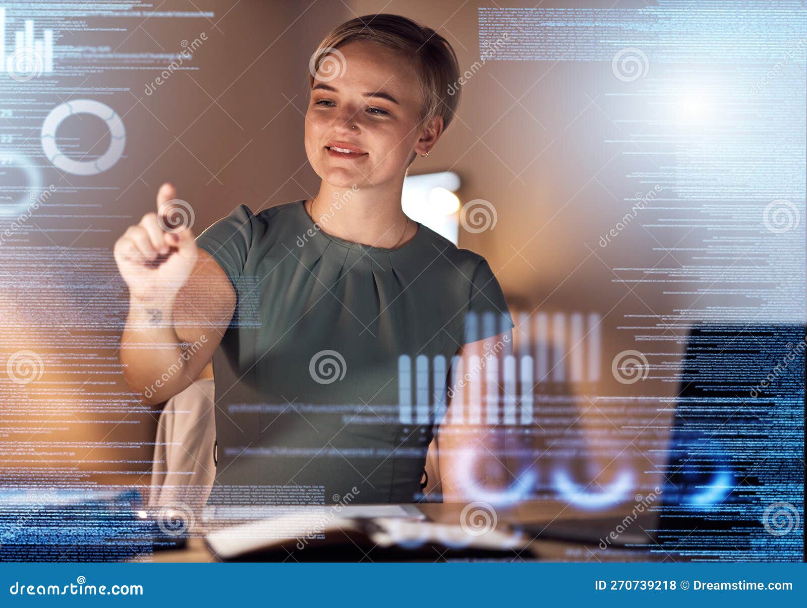Hands, Coding or Interactive Abstract for Business Woman in Night ...