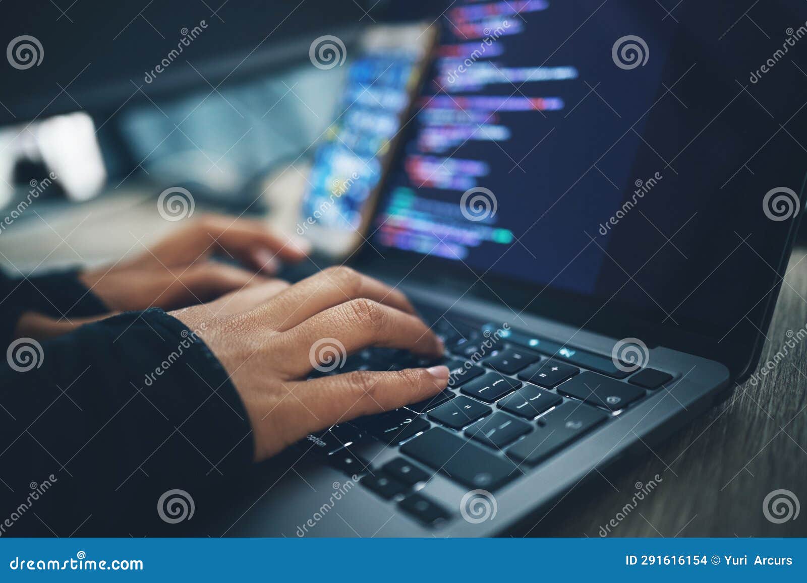 Hands Coding And Laptop Typing With Cybersecurity Hacker And Software